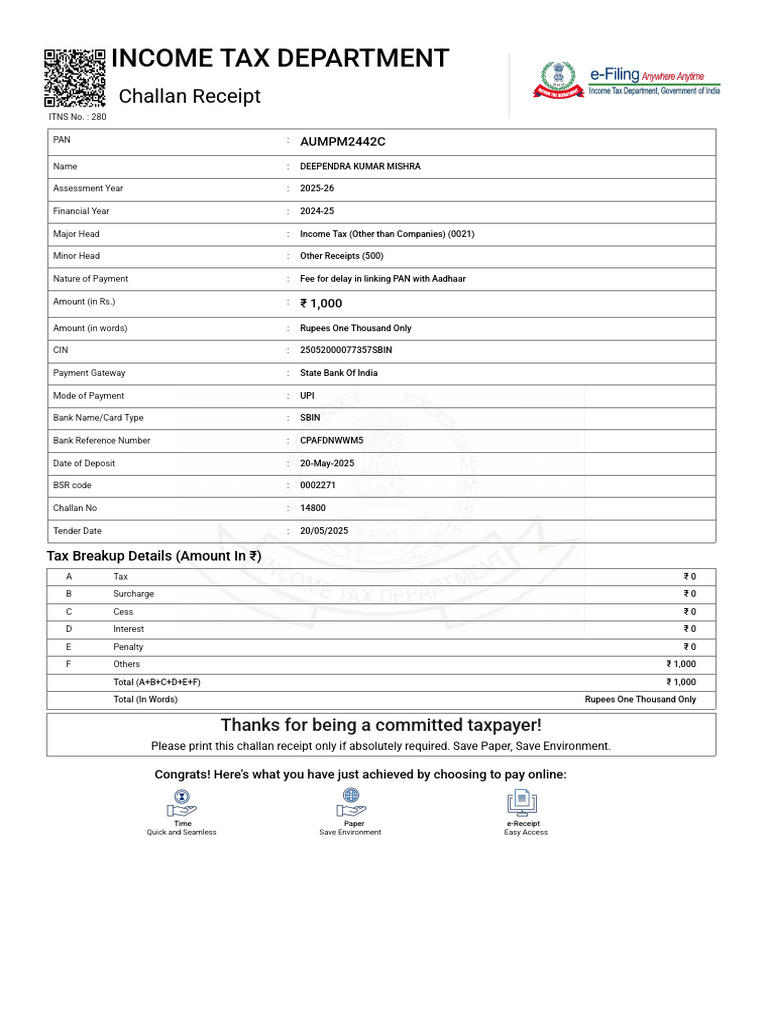 Income Tax Challan Receipt for PAN-Aadhaar Link | PDF | Payments | Taxation