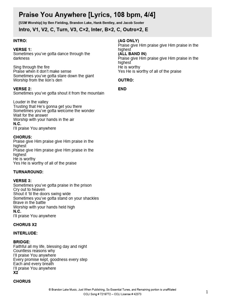 Praise You Anywhere Lyrics | PDF