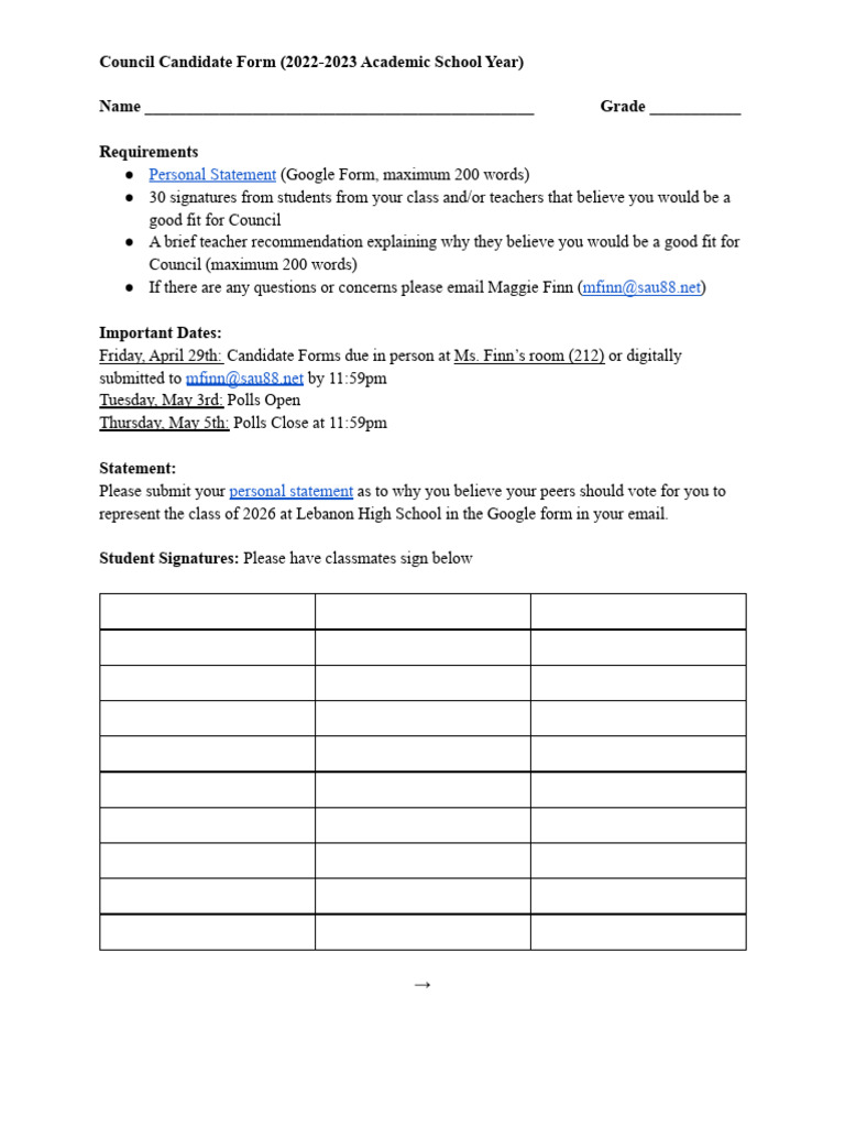 Council Candidate Form 2022-2023 | PDF