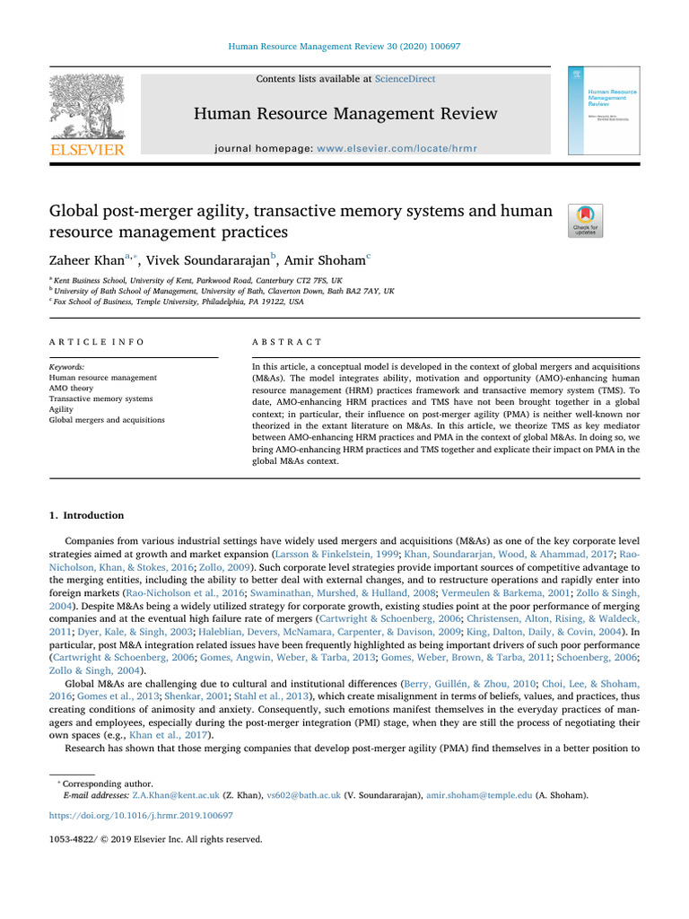 Global Post-Merger Agility, Transactive Memory Systems and Human Resource Management Practices ...