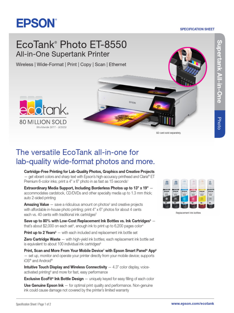 EcoTank_ET-8550_Printer_Specification_Sheet CPD-59933R5 | PDF | Image Scanner | Printer (Computing)
