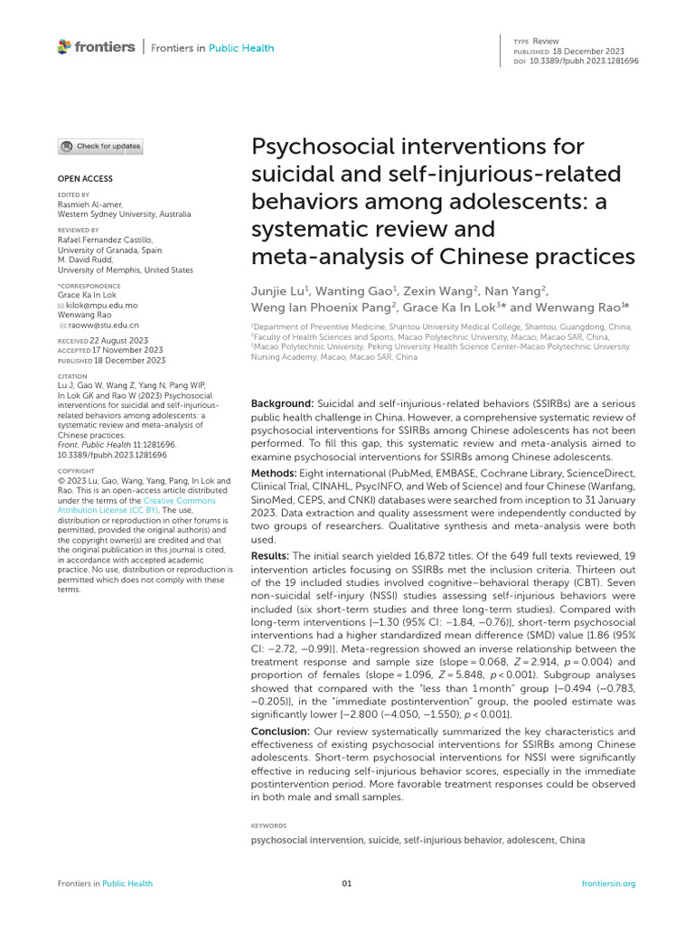 Psychosocial Interventions For Suicidal and Self Injurious Related ...