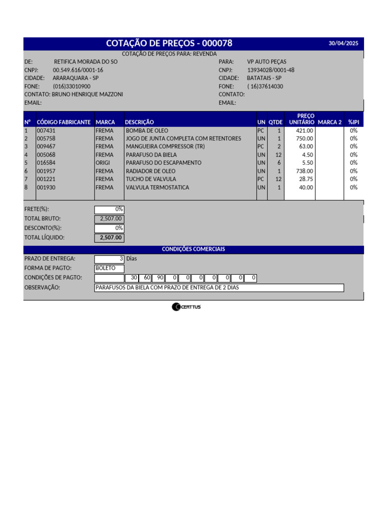 Cotação de Preços VP Auto Peças | PDF