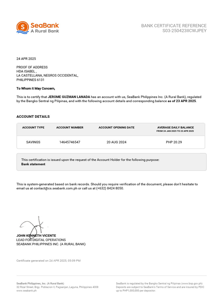 SeaBank Account Certificate Sample | PDF