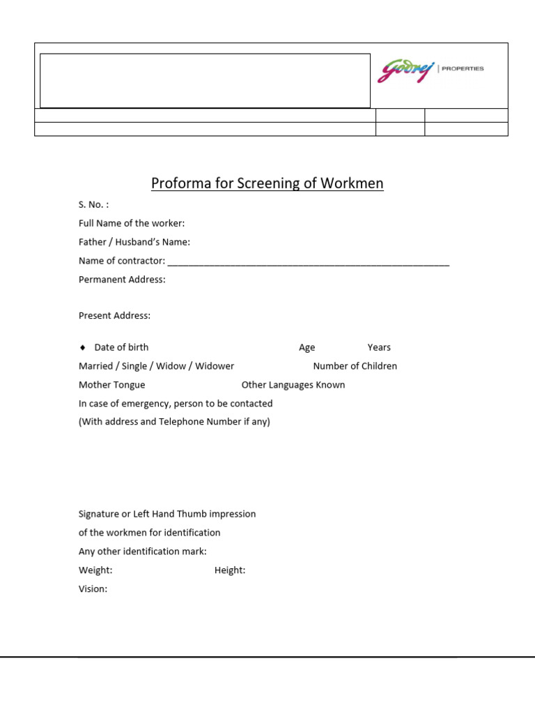 Competency Test Proforma For Screening Workmen. | PDF