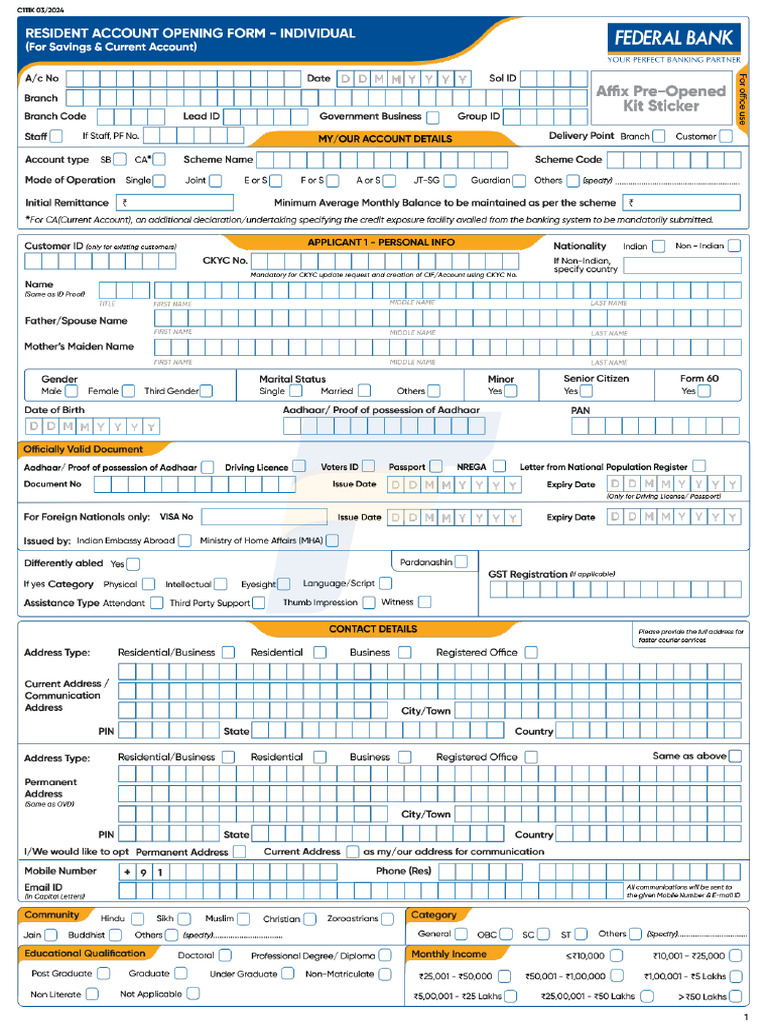 FEDARAL BANK - Account Opening Form (Residents) | PDF