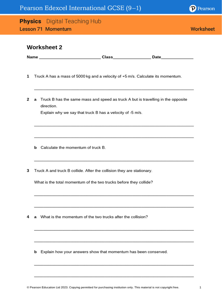 IG Physics Lesson71 Worksheet2 | PDF | Momentum | Collision