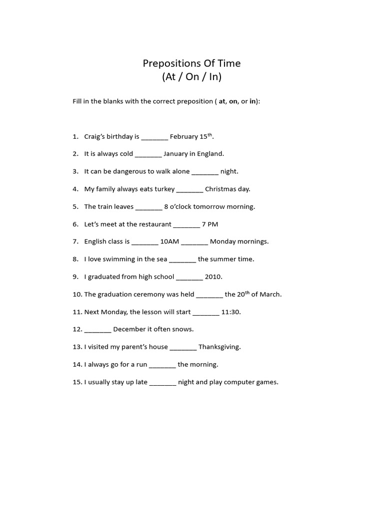 Prep. of Time Ex p3 in On at | PDF