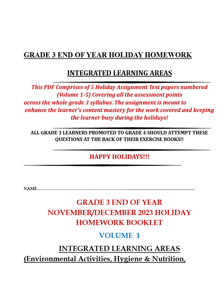 Grade 3 Holiday Homework 2023 | PDF