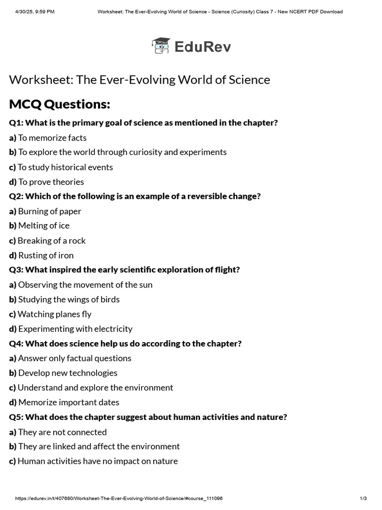 Class 7 Science: Curiosity Worksheet | PDF | Science
