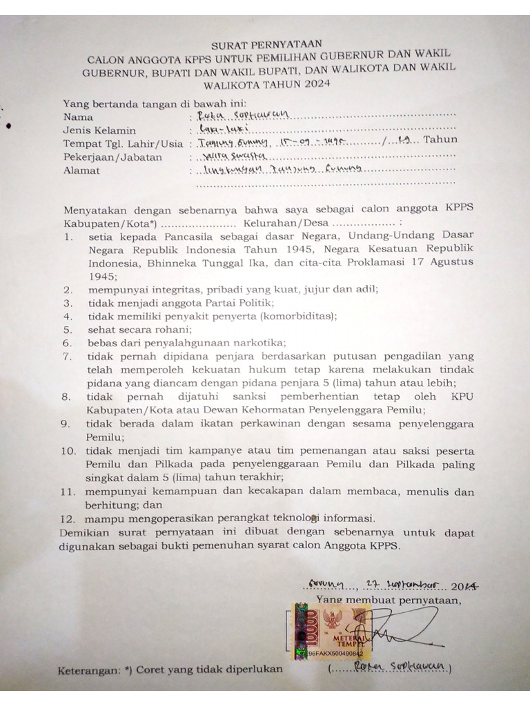 Surat Pernyataan Kpps | PDF