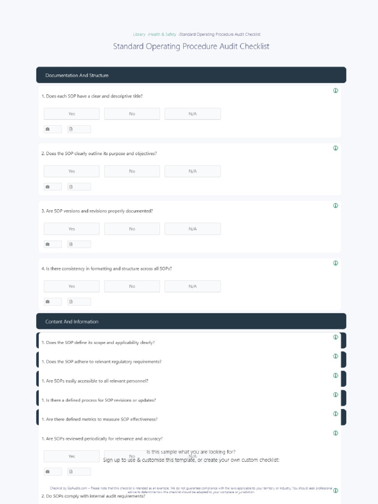 GoAudits - Standard Operating Procedure Audit Checklist (Sample) | PDF