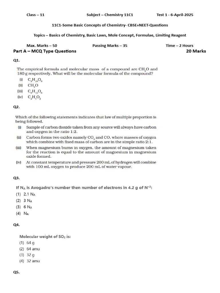 11C1-Some Basic Concepts of Chemistry-NEET+CBSE-Questions | PDF | Mole ...