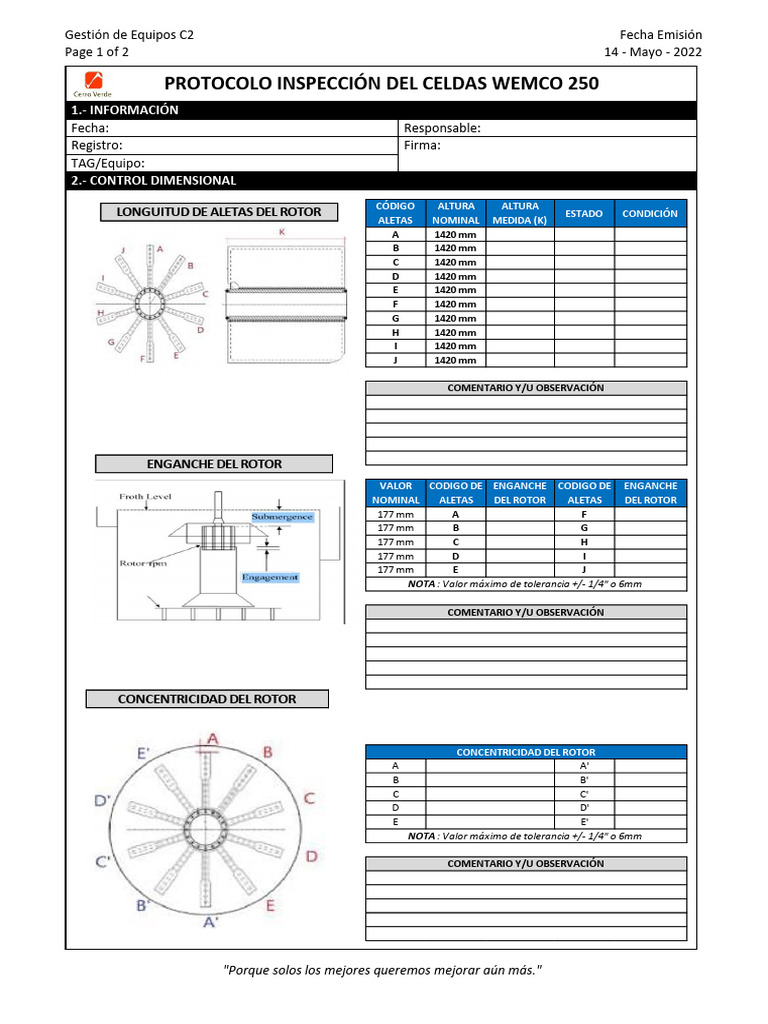Protocolo Inspección Del Celdas Wemco 250 - 250414 - 201836 | PDF