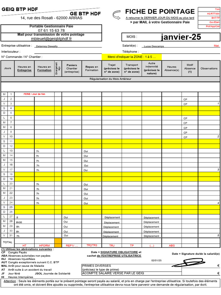 Fiche de pointage salarié BTP janvier 2025 | PDF