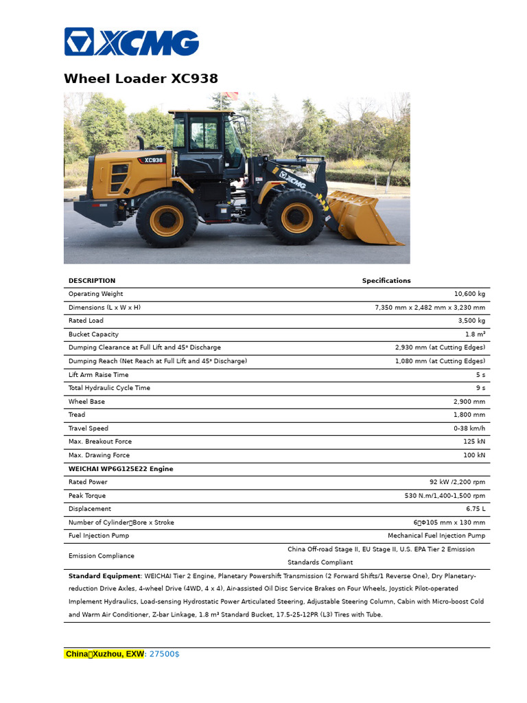 XCMG Wheel Loader XC938 (25.04.11) | PDF | Loader (Equipment) | Steering