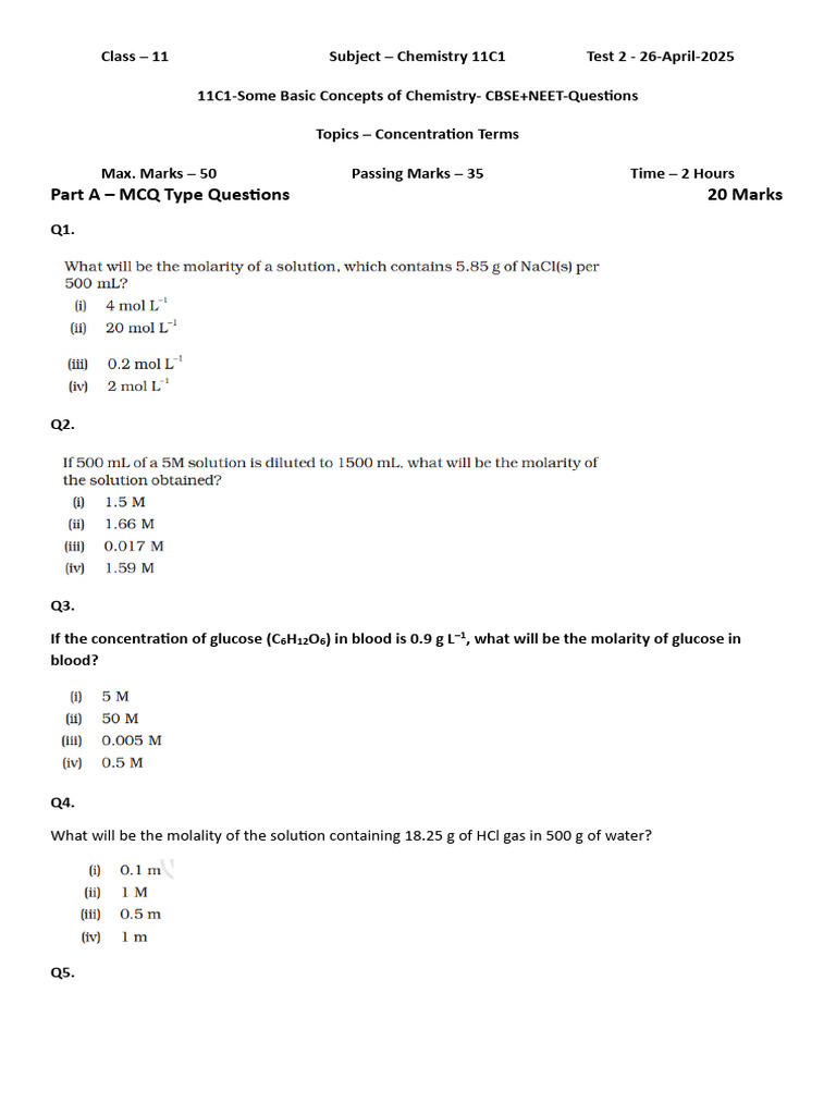 11C1-Questions-Some Basic Concepts of Chemistry-NEET+CBSE | PDF ...
