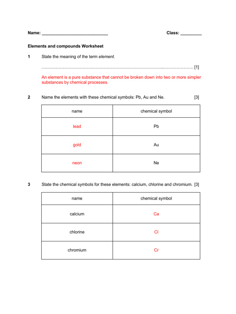 Elements and Compounds WS (Teacher) | PDF | Chemical Elements | Chlorine