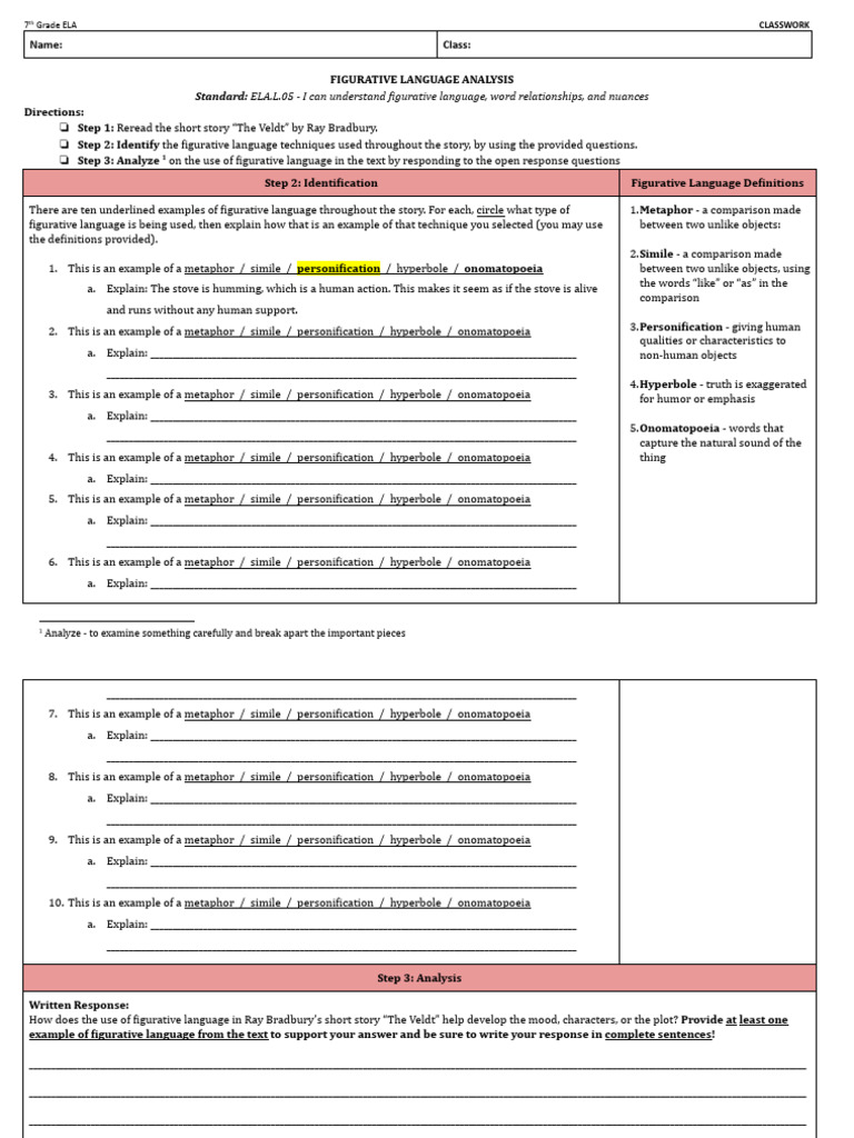 FORMATIVE - Figurative Language Analysis - "The Veldt" | PDF | Metaphor ...