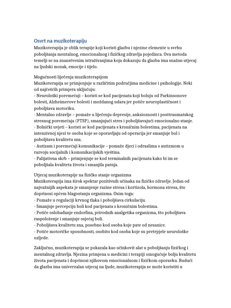 Osvrt Na Muzikoterapiju | PDF