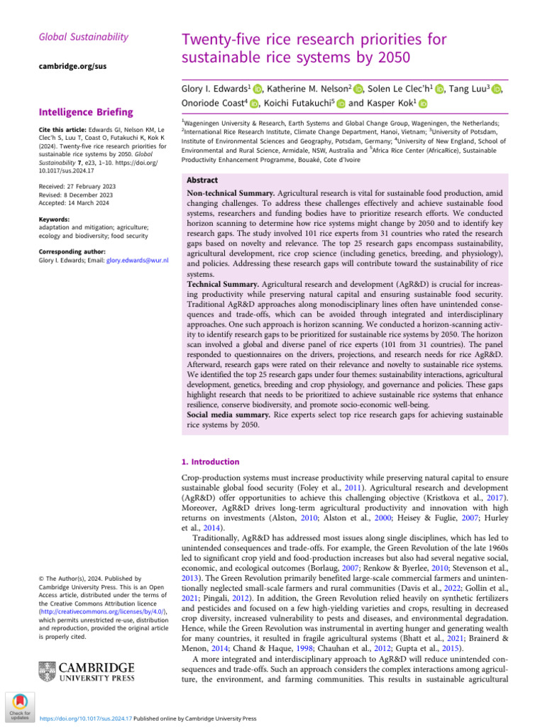 Twentyfive Rice Research Priorities For Sustainable Rice Systems by ...