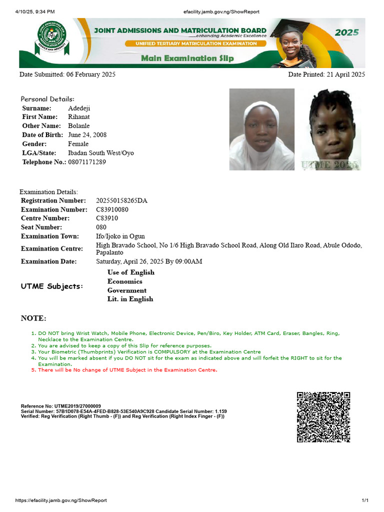 Efacility - Jamb.gov - NG - ShowReport 22222 | PDF