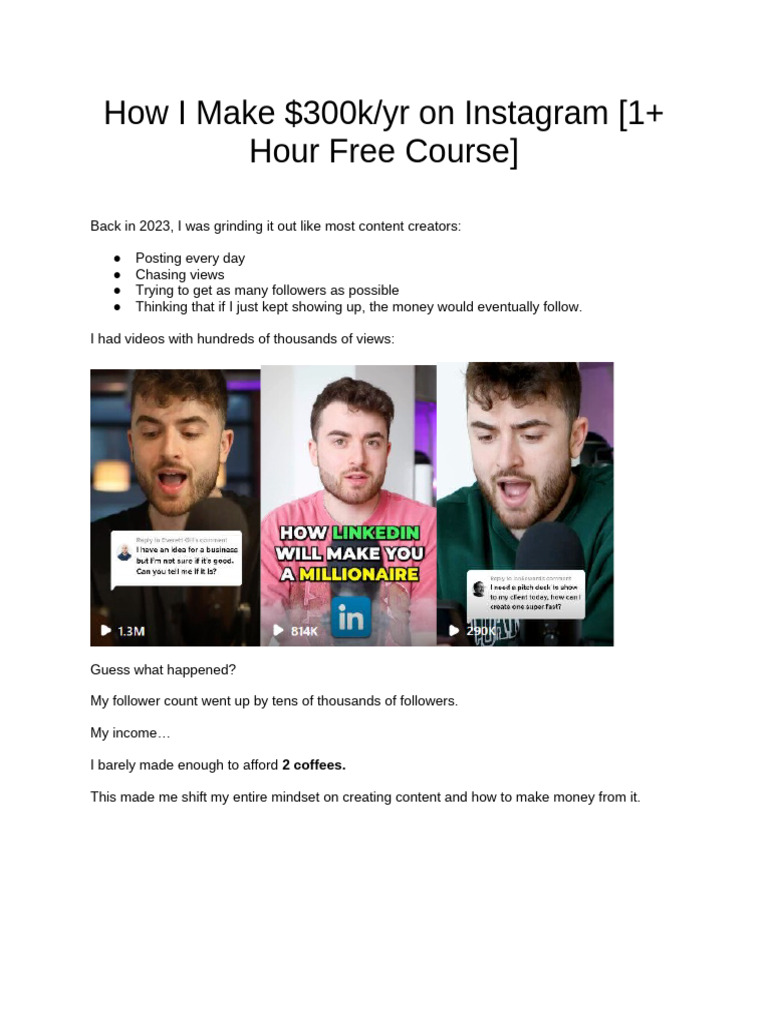How I Make $300k - Yr On Instagram (1+ Hour Free Course) | PDF