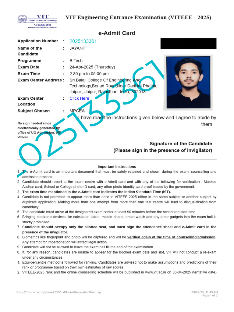 VITEEE 2025 e-Admit Card Details | PDF