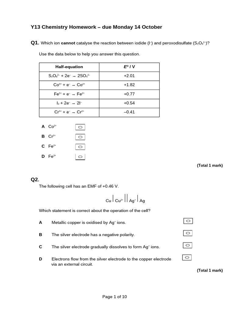Electrochemistry - Homework - 1 Hgy - Yffgcy776 | PDF | Salt (Chemistry ...