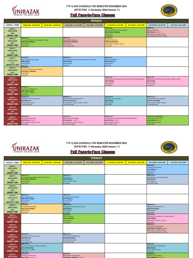 3 - Unirazak + Fia FTF Schedule - Semester Novemebr 2024 - Version 1.3 ...