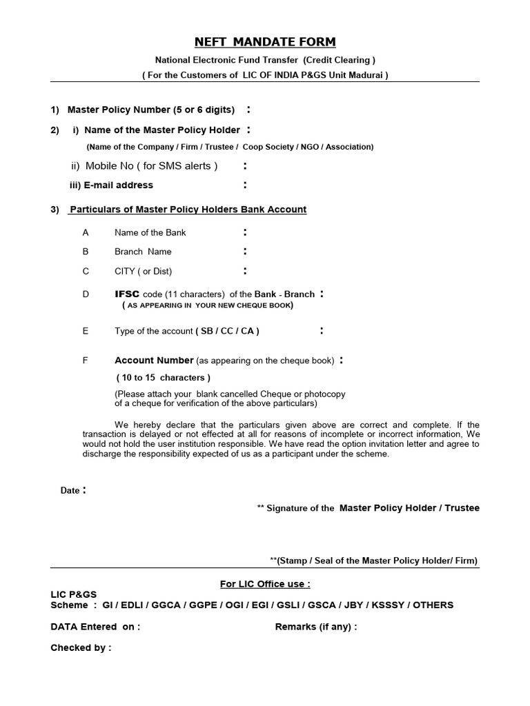 Employee Gratuity - NEFT MANDATE For MPS | PDF
