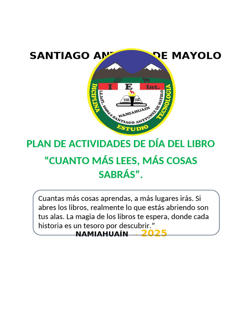 Plan De Actividades Dia Del Libro Pdf Enseñando Cognición