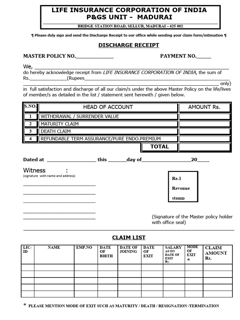 Lic Dischargereceipt | PDF | Life Insurance | Financial Risk