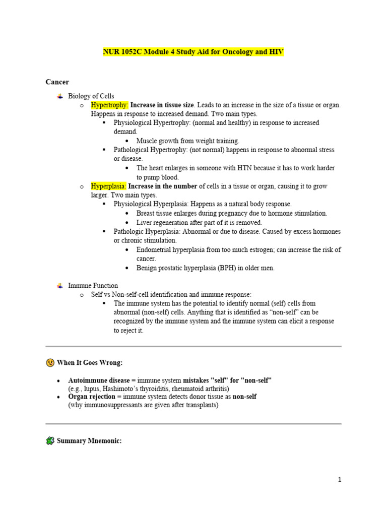 NUR 1052C Module 4 Study Aid For Oncology and HIV-1 | PDF | Management ...