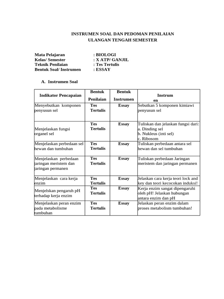 Instrumen Soal Dan Pedoman Penilaian Ulangan Tengah Semester | PDF