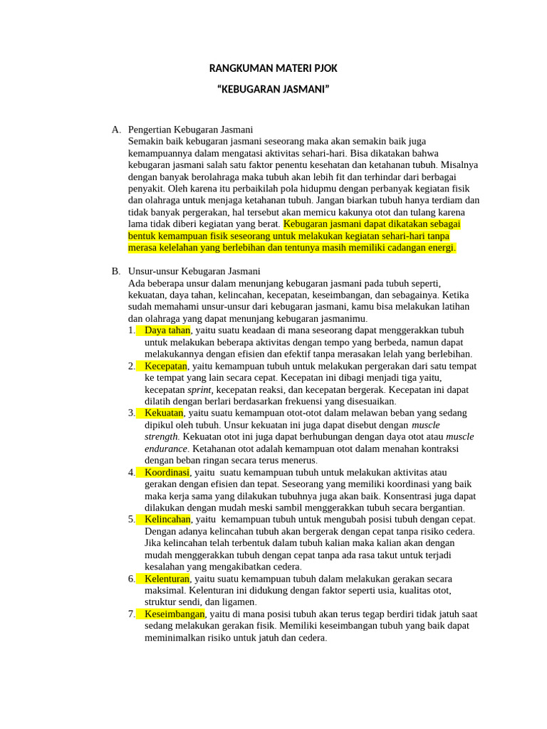 Rangkuman Materi Pjok Kebugaran Jasmani | PDF