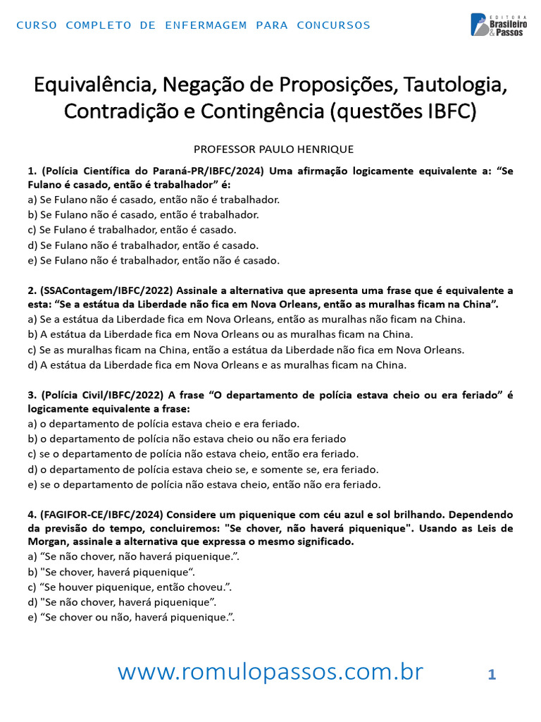 Equivalências - RLM - IBFC Site | PDF | Lógica matemática | Lógica