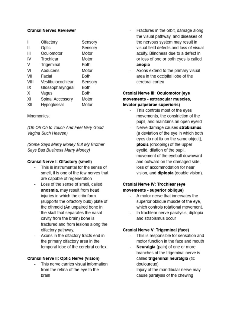 Cranial Nerves, Diseases, and Disorders Reviewer | PDF | Brain | Senses