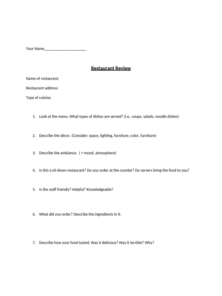 ESL Restaurant Review Template | PDF