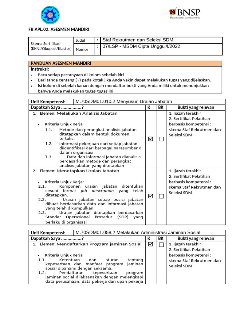 FR - APL.02. ASESMEN MANDIRI - Unusida | PDF
