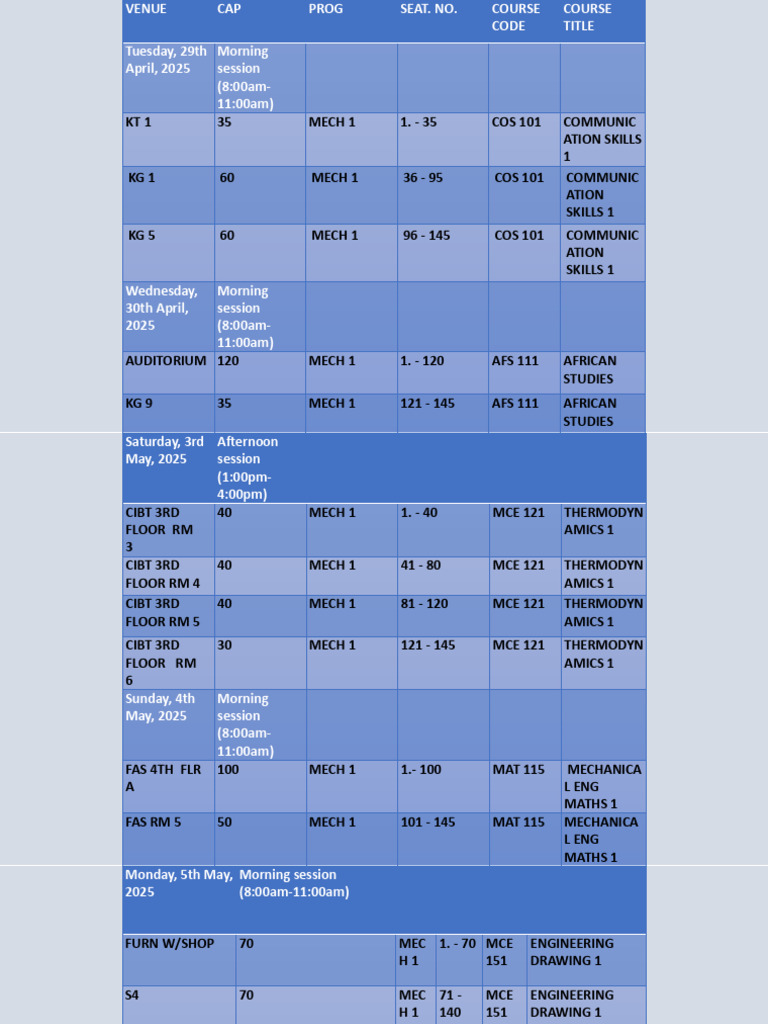 Mech 1 Time Table | PDF