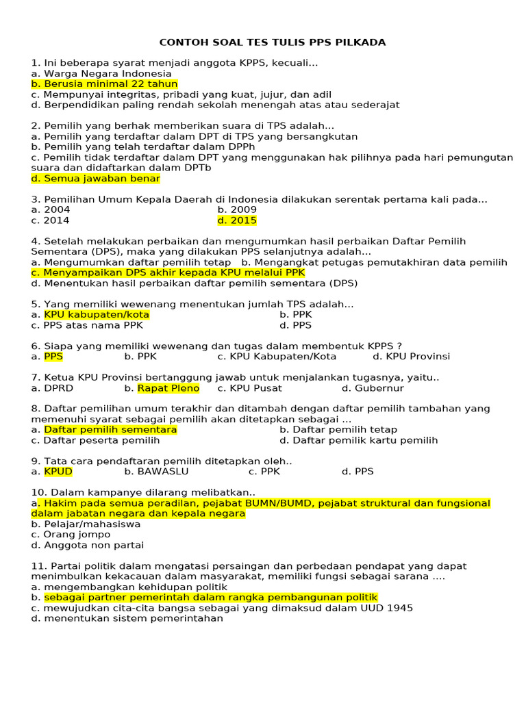 Contoh Soal Tes KPPS Pilkada | PDF