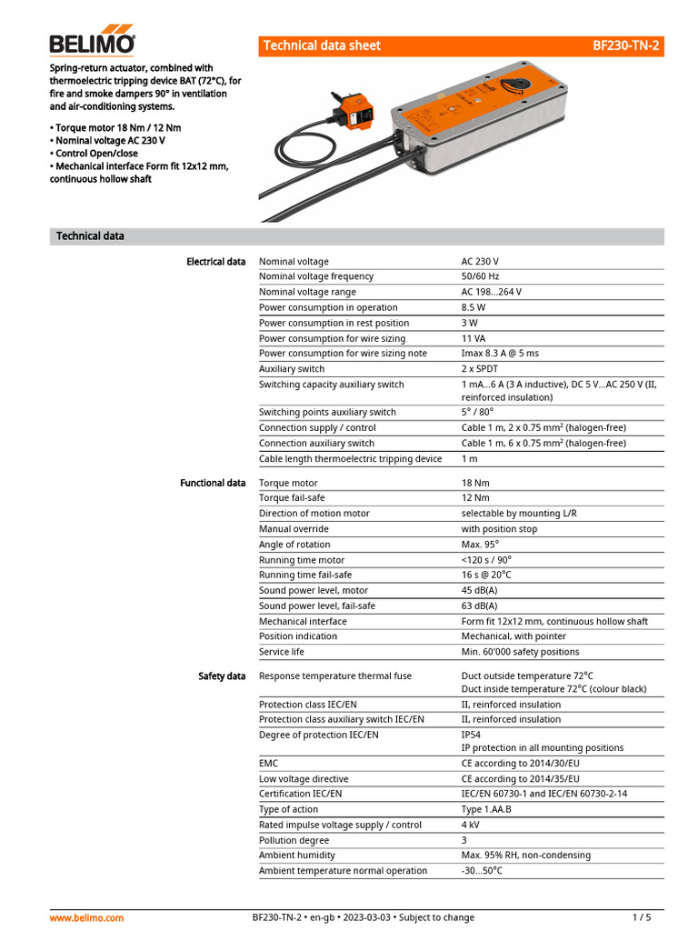 Belimo BF230-TN Actuator Data Sheet | PDF | Electric Motor ...