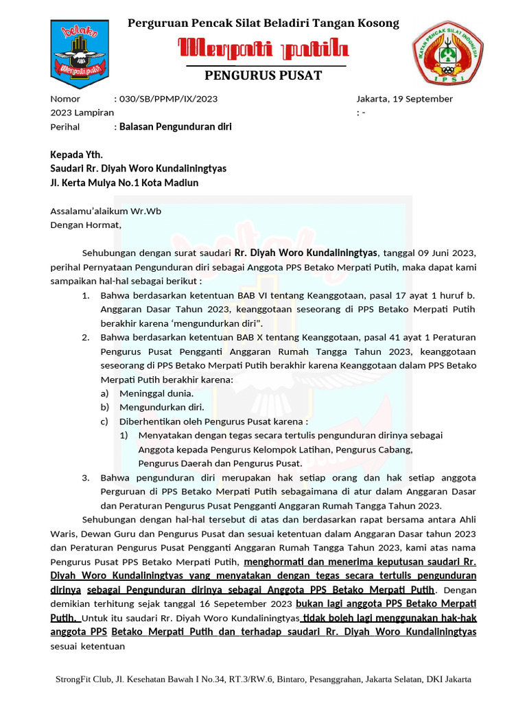 030 Surat Balasan Pengunduran Diri Saudari Rr. Diyah Woro Kundaliningtyas | PDF