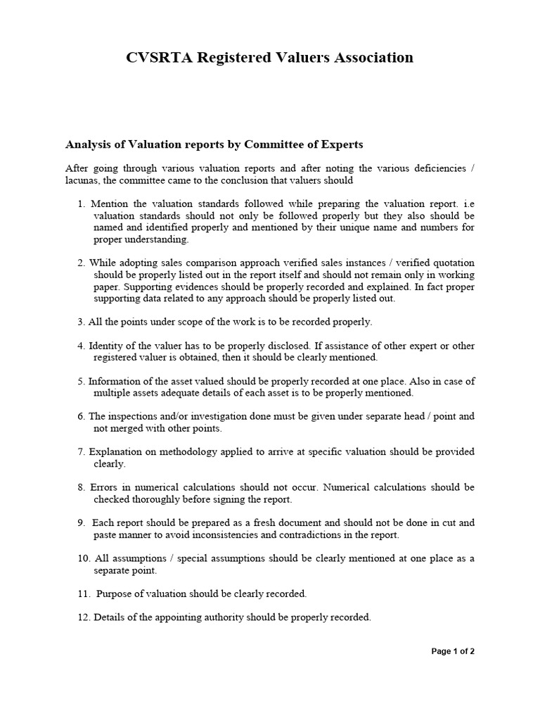 Analysis of Valuation Reports by CoE | PDF | Real Estate Appraisal ...