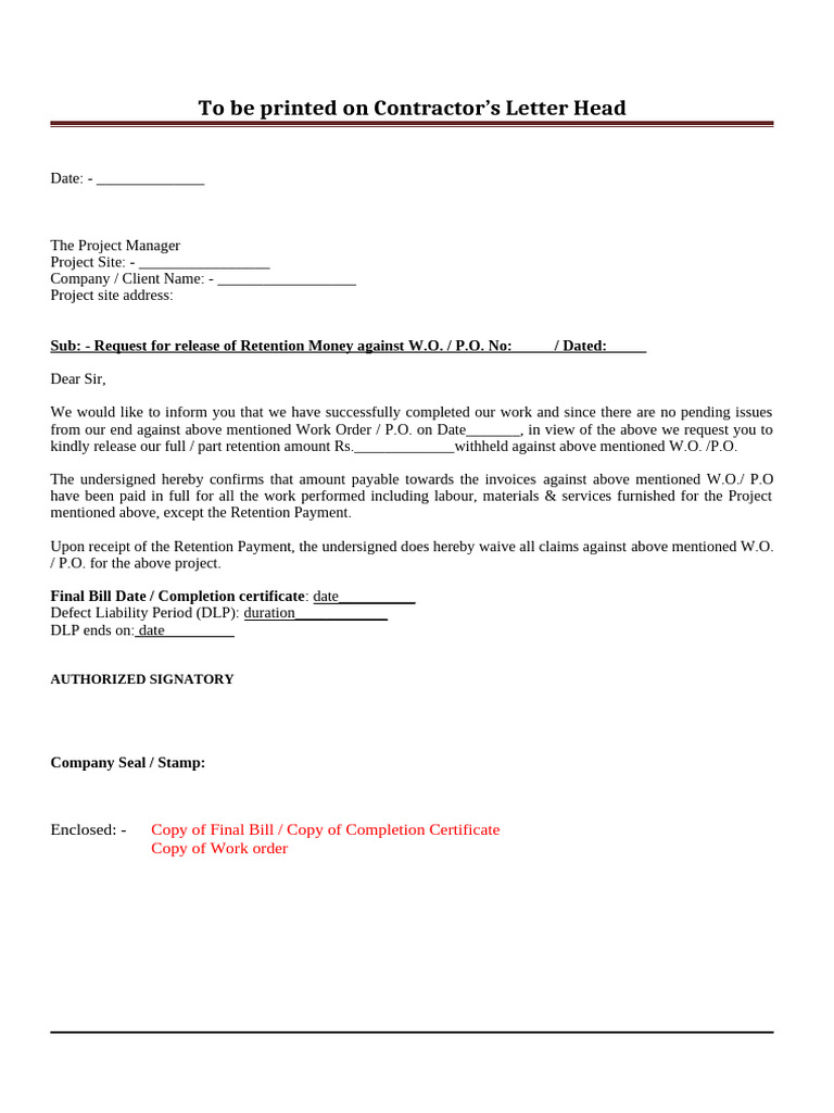 Vendors Request Letter For Retention Release | PDF