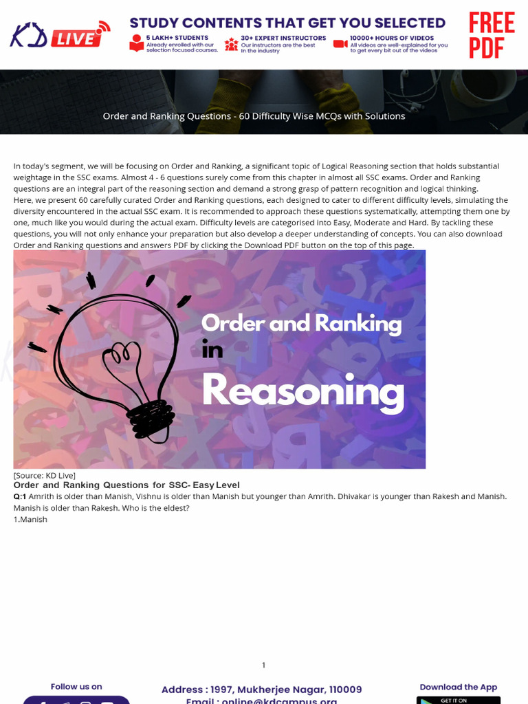Logical Reasoning Order and Ranking Questions 60 Difficulty Wise Mcqs ...