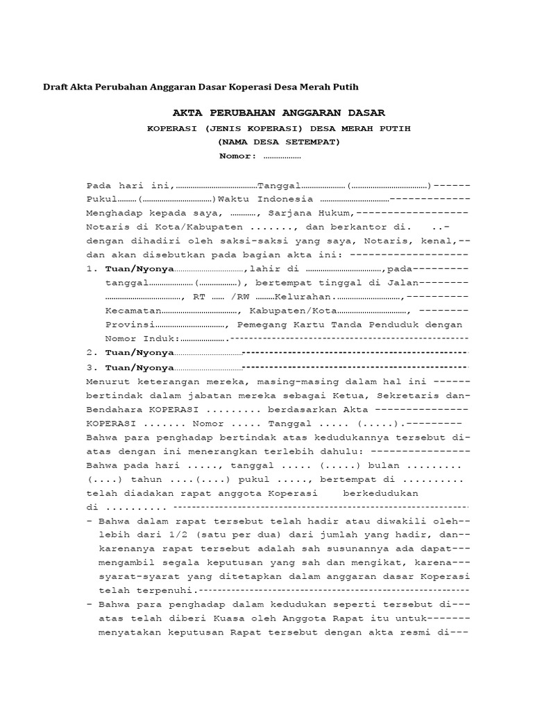 Akta Perubahan Anggaran Dasar Koperasi | PDF
