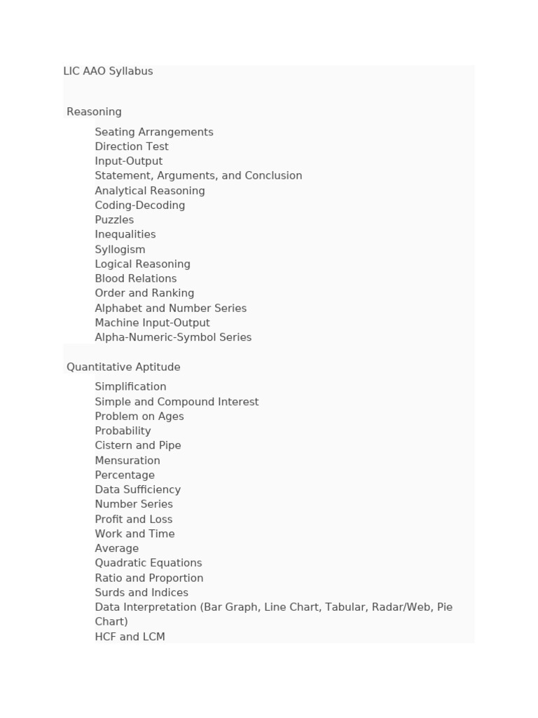 LIC AAO Syllabus For Reasoning | PDF