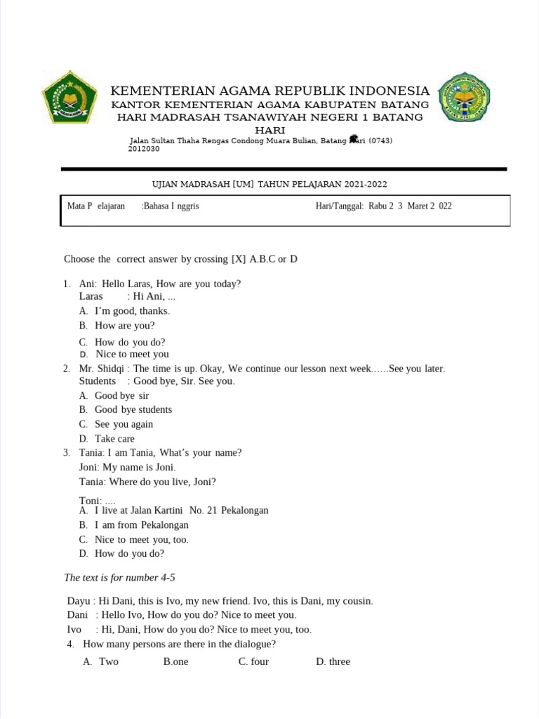 PDF Soal Ujian Akhir Madrasah 2023 Kls9 Compress | PDF | Foods | Food Ingredients
